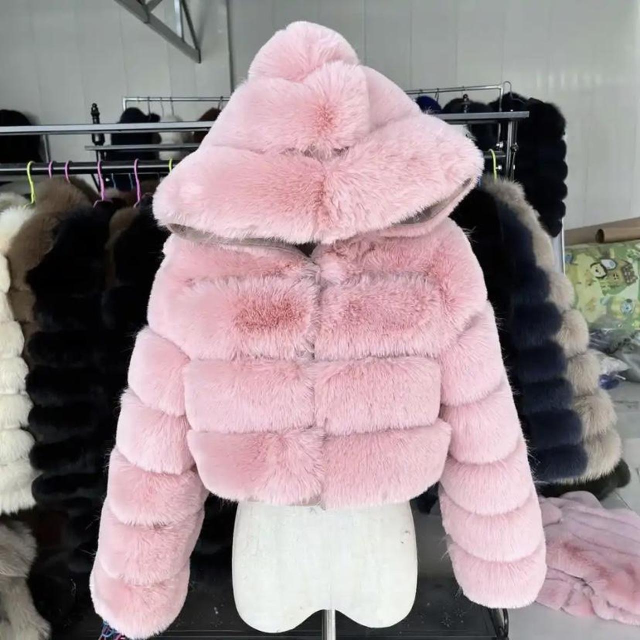 Pink faux fur fluffy coat in shade light pink with... - Depop