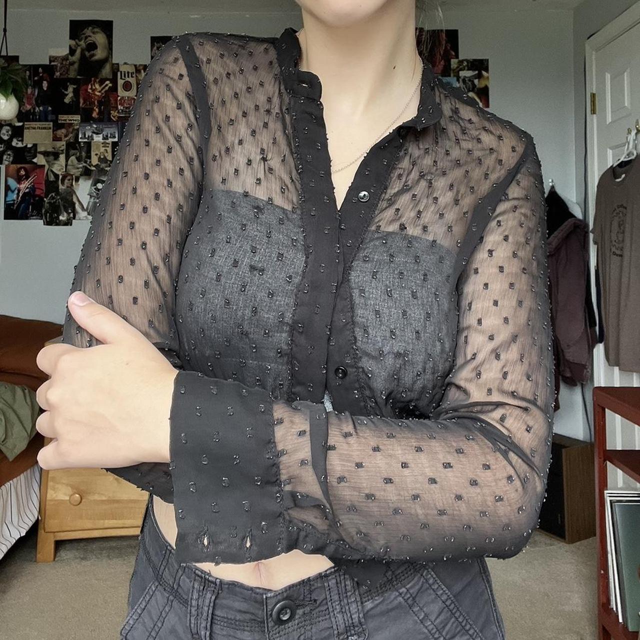 sheer black button up cropped only worn once, in... - Depop