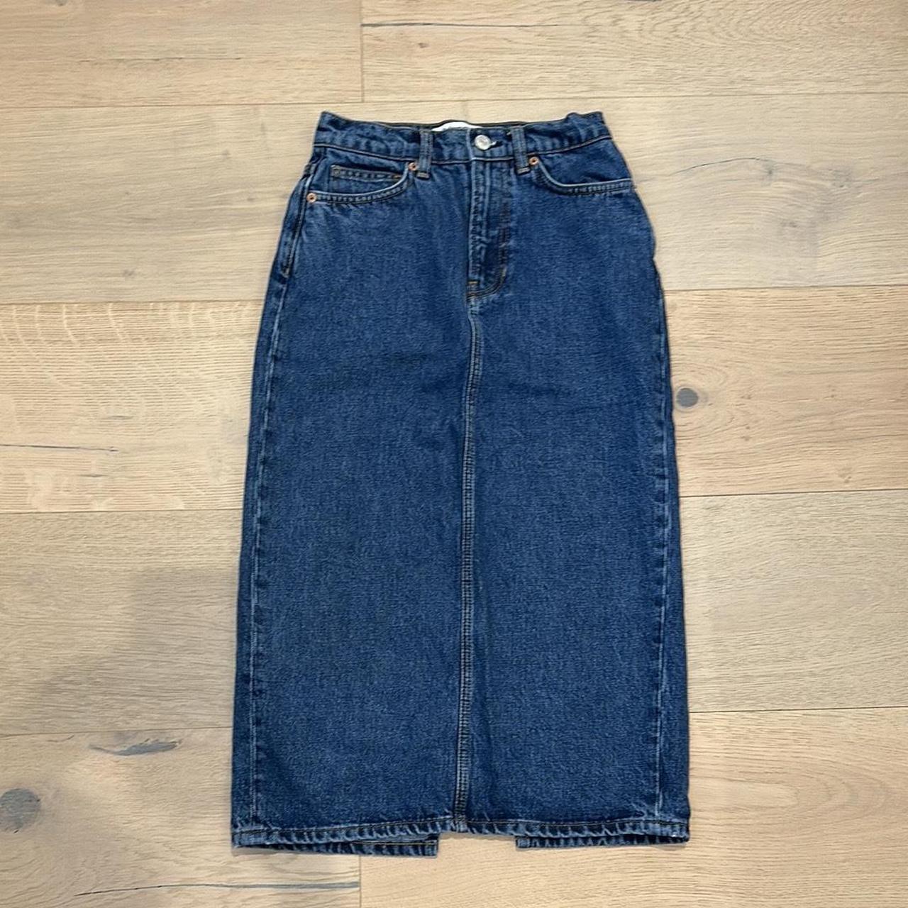 Reformation Jayde high rise midi denim skirt. EUC.... | Depop