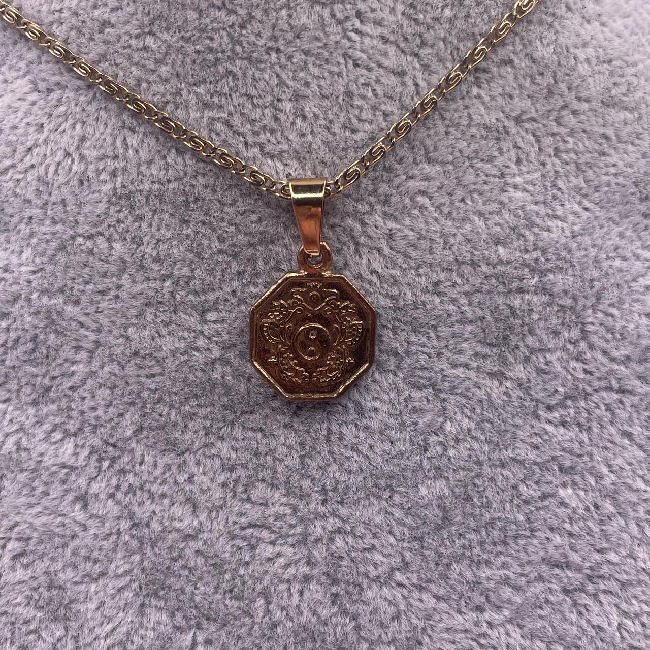 Gold tone hexagon coin pendant necklace Length... | Depop