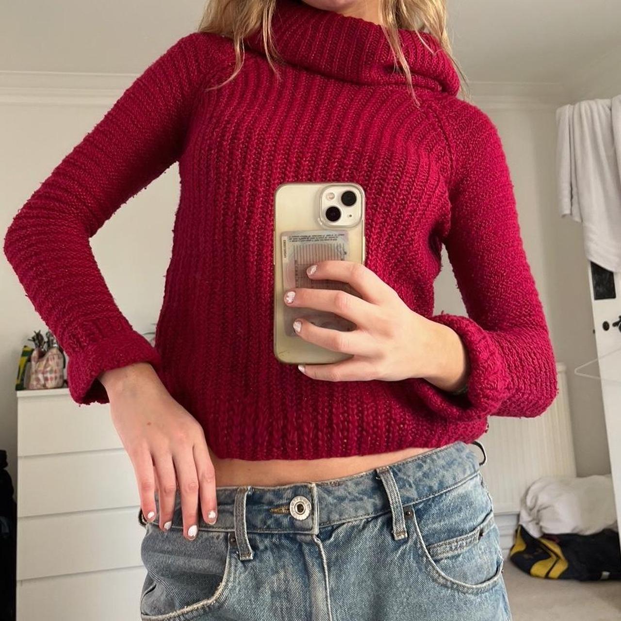 Red knitted fold over turtleneck seen on size 8 fits... - Depop