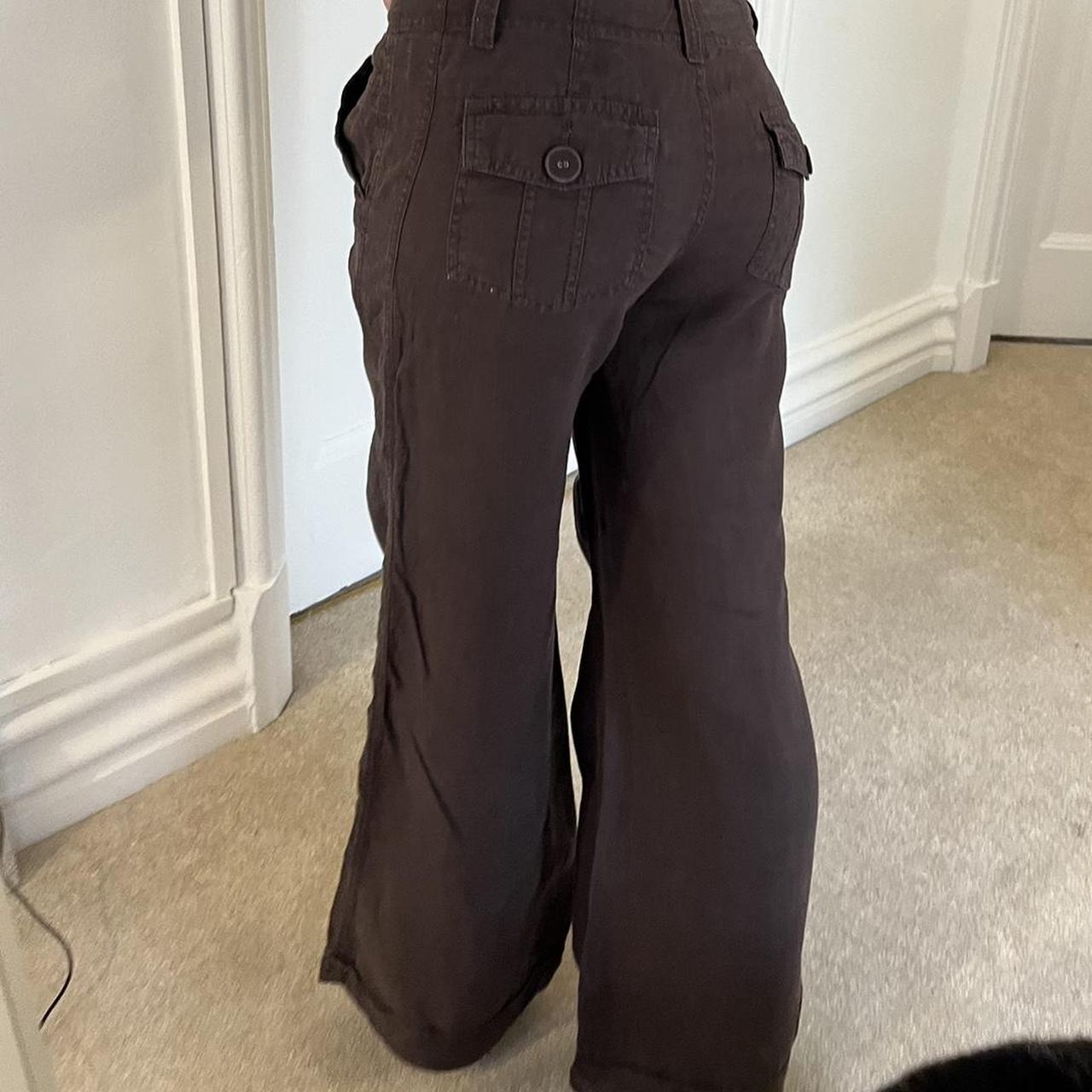 Low rise brown linen trousers drawstring waist seen... - Depop