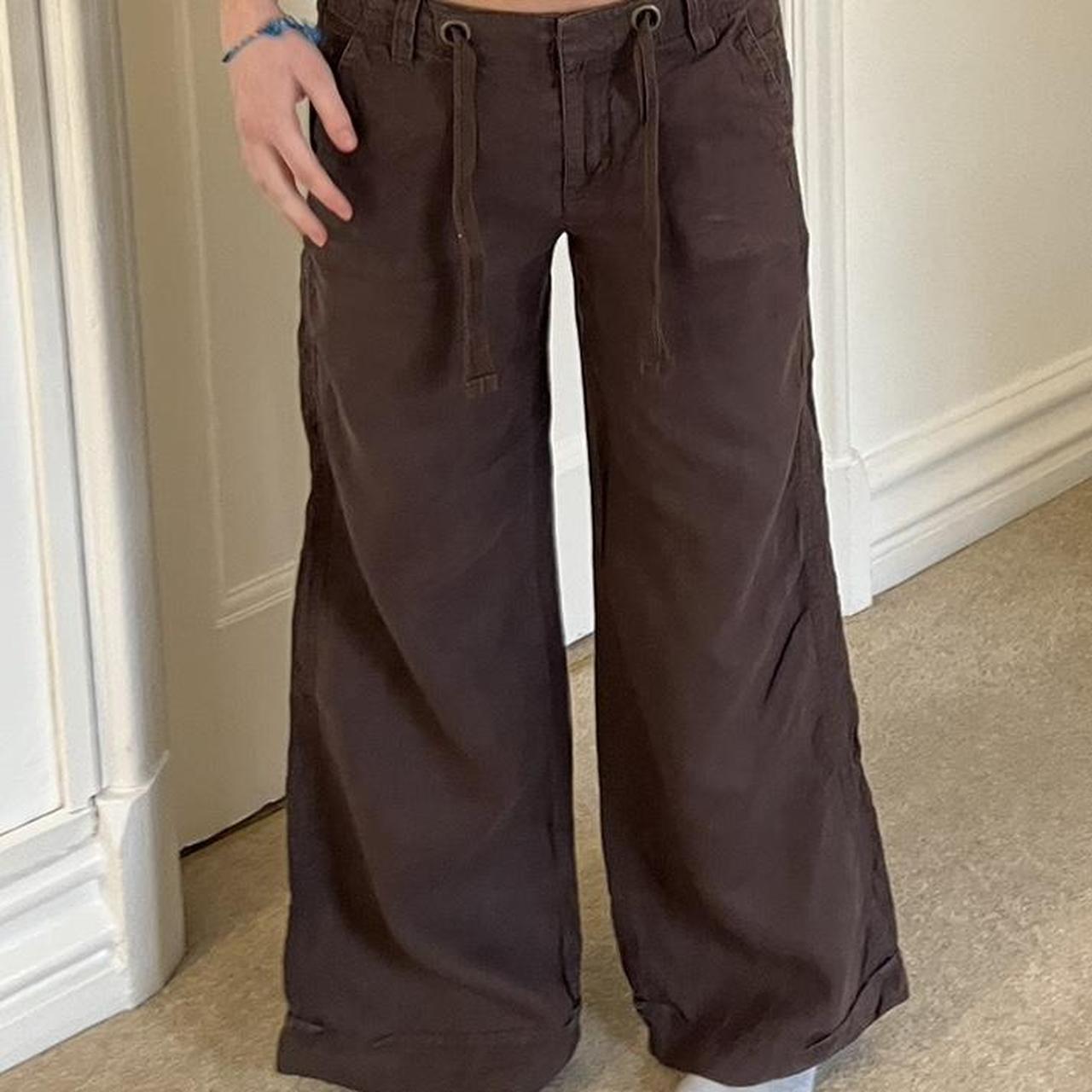 Low rise brown linen trousers drawstring waist seen... - Depop