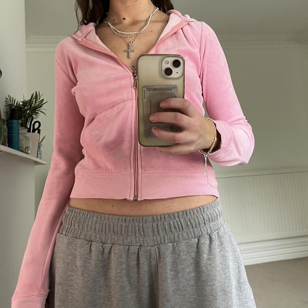 Light pink y2k zip up hoodie velour quite worn seen... - Depop
