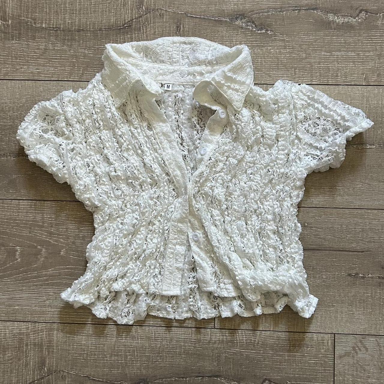 lacey and frilly white button up top - Depop