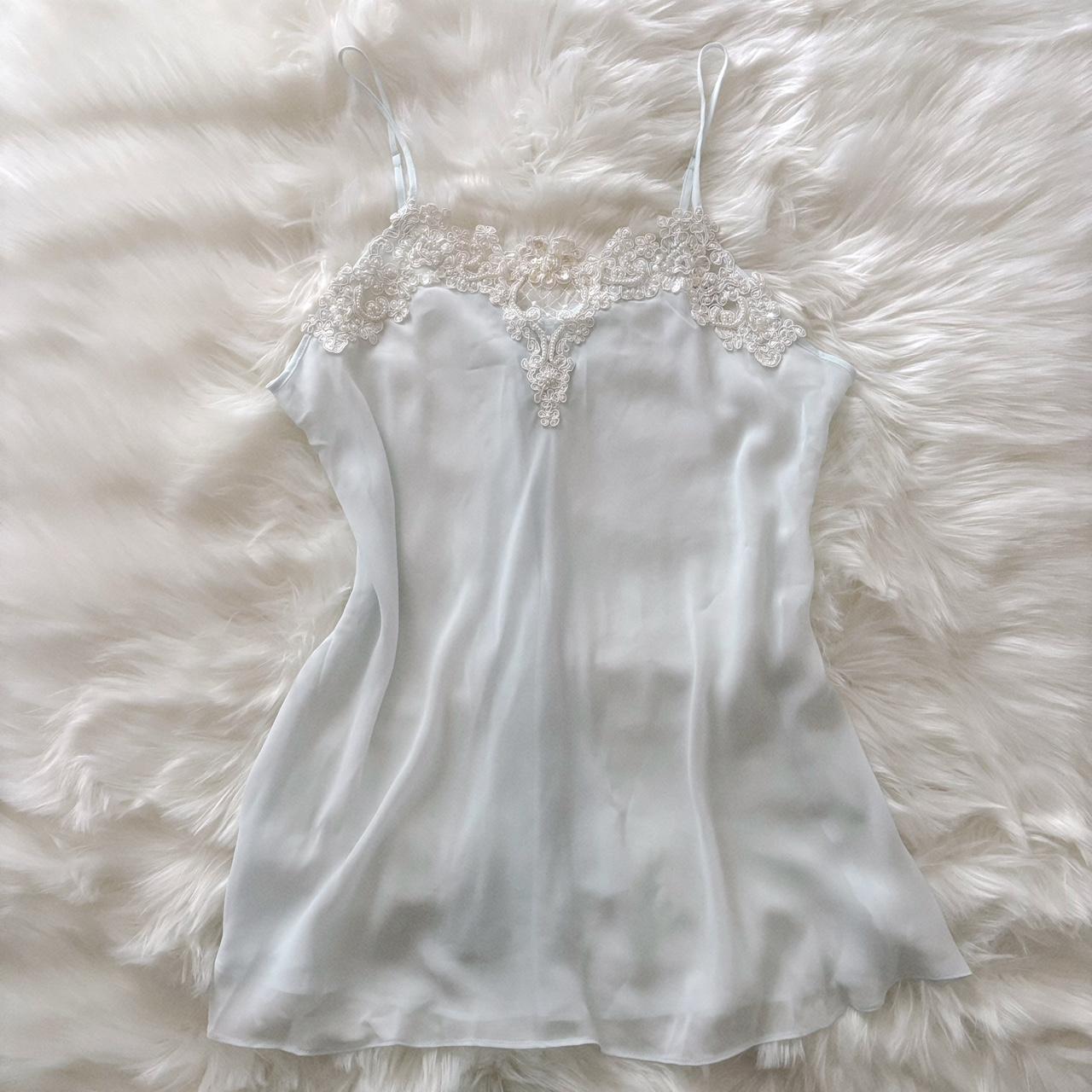 Vintage 1980s icey baby blue lace slip dress with... | Depop