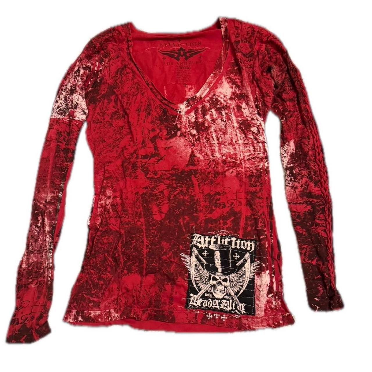 affliction dead or alive red long sleeve ribbed... - Depop