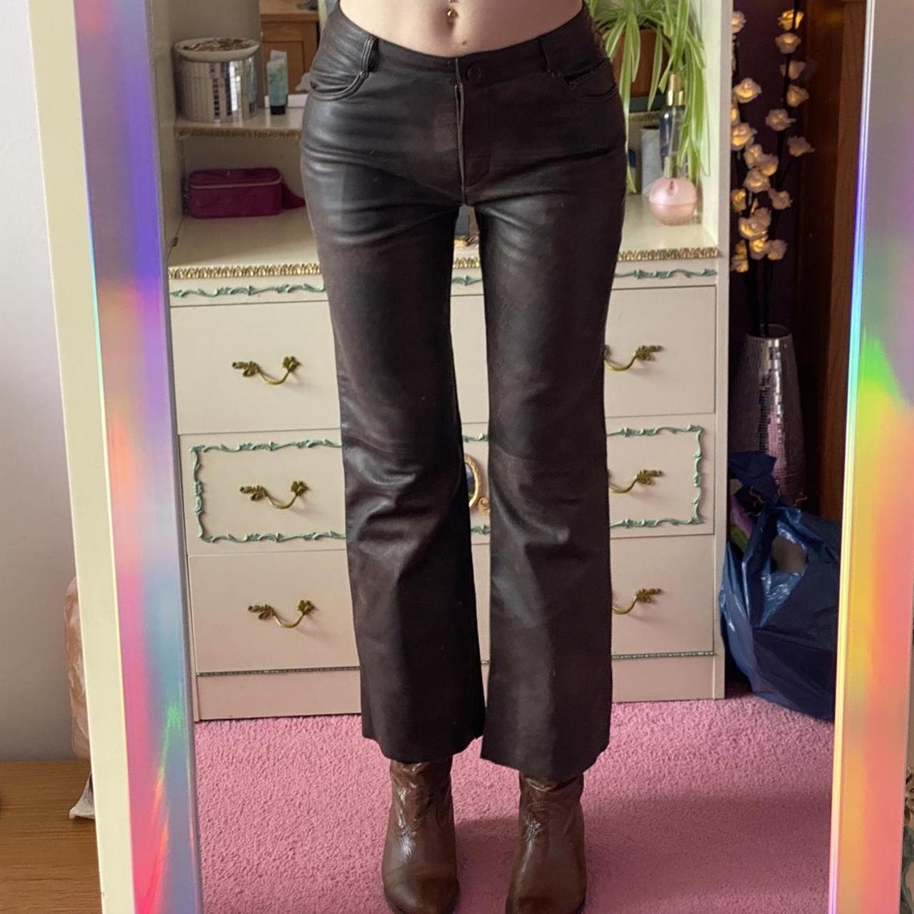 Amazing Vintage, 70s flare brown leather... - Depop