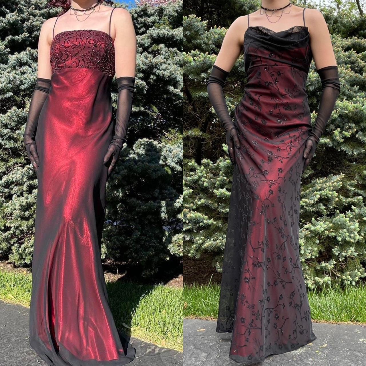 red prom dress vintage y2k long goth red and black... - Depop