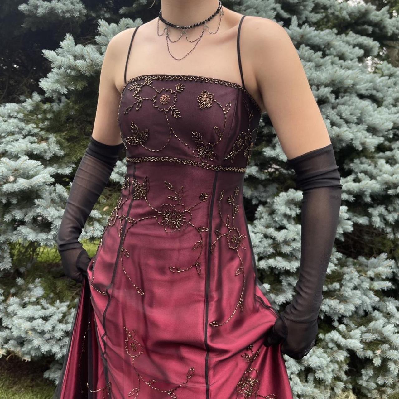 dark red and black Ombre Beaded Mesh Goth Prom Dress... | Depop