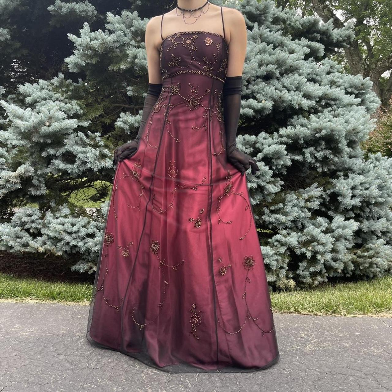 dark red and black Ombre Beaded Mesh Goth Prom Dress... | Depop