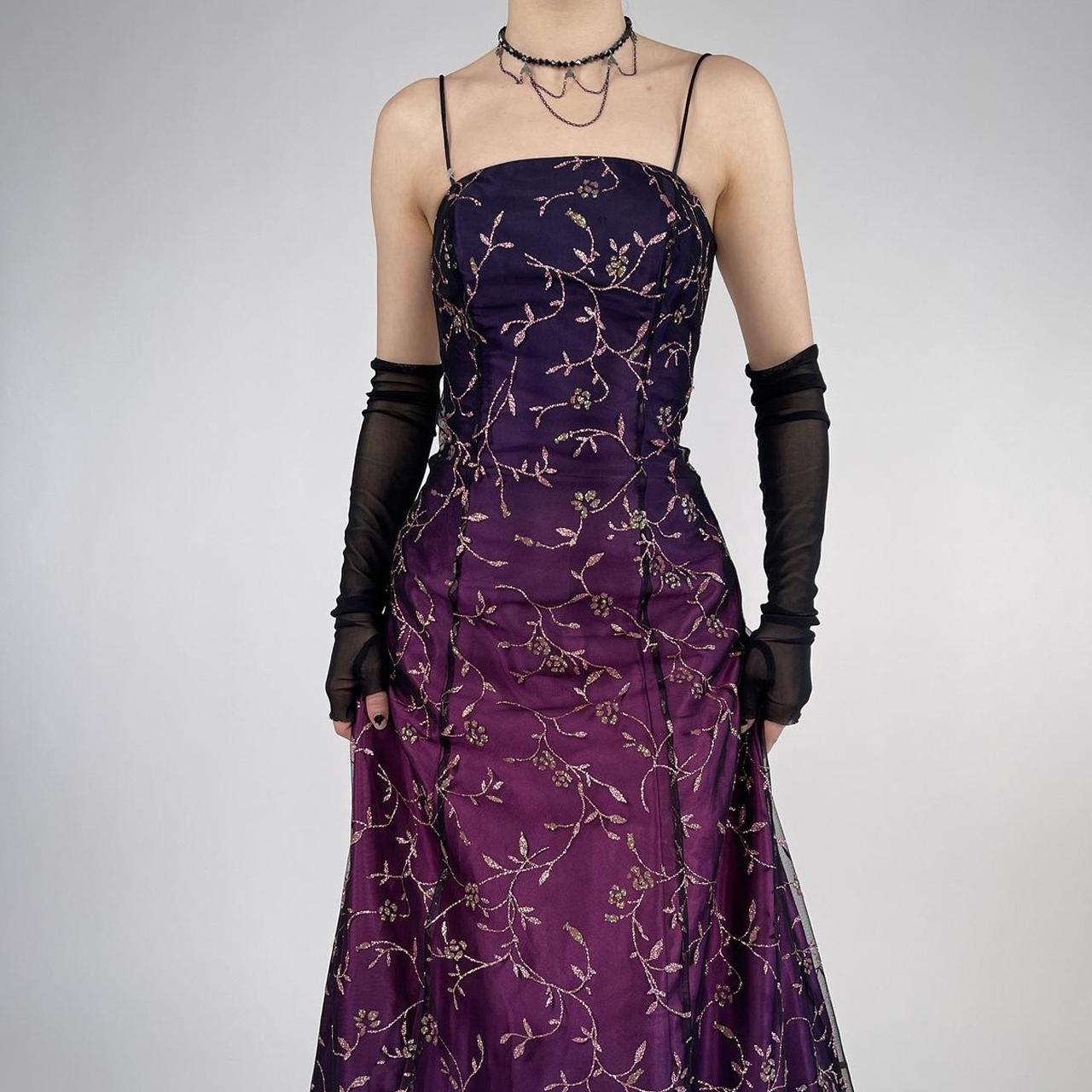 purple y2k prom dress vintage 90s long mesh layered... - Depop