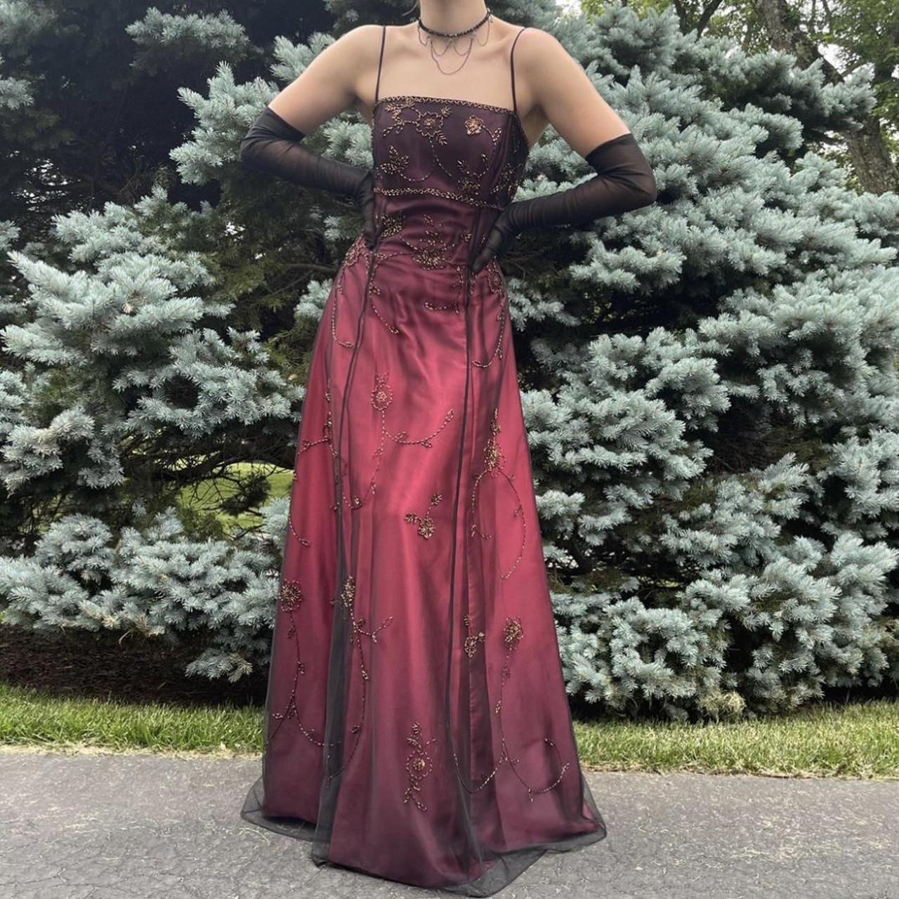 dark red and black Ombre Beaded Mesh Goth Prom Dress... | Depop