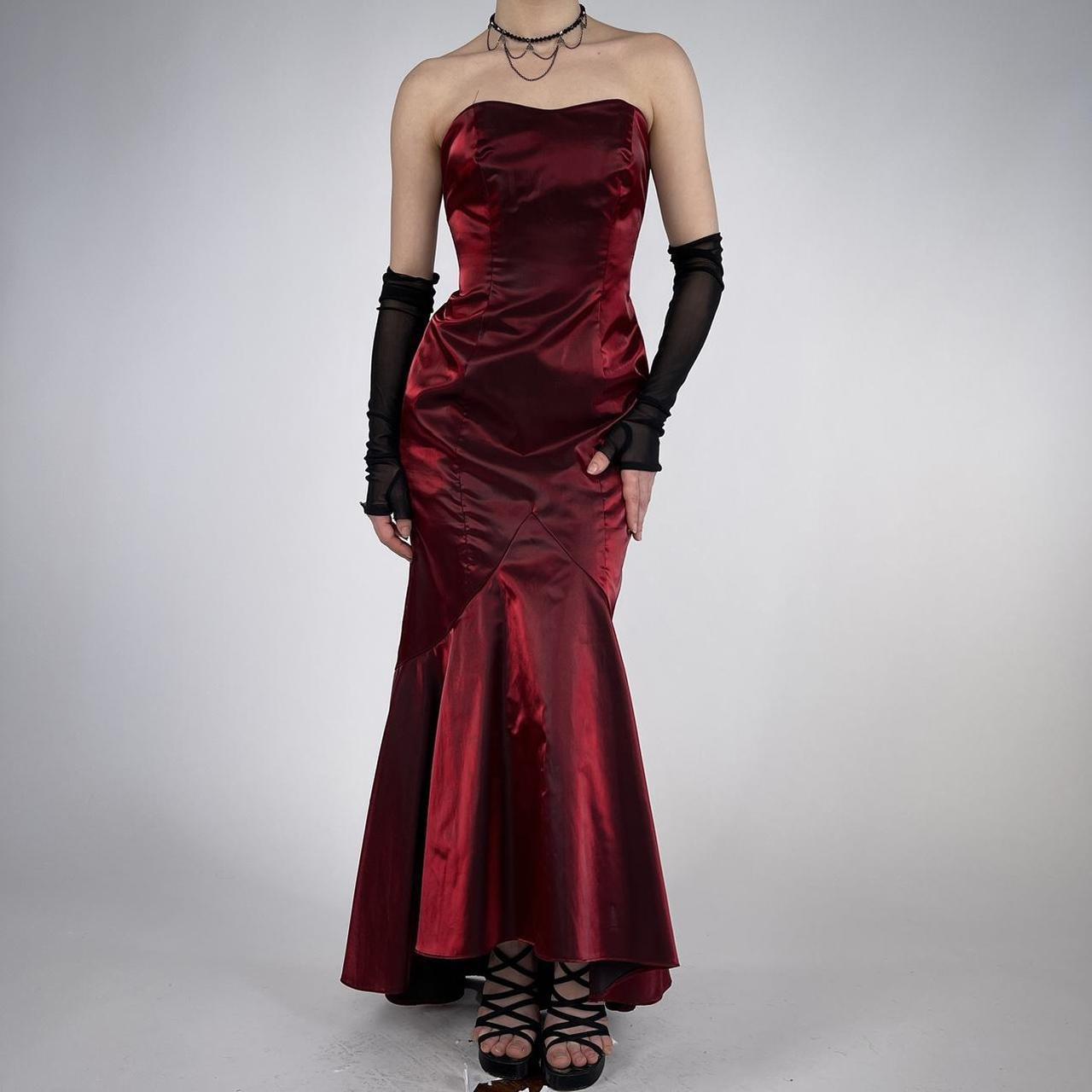 red prom dress vintage 90s y2k long satin strapless... | Depop