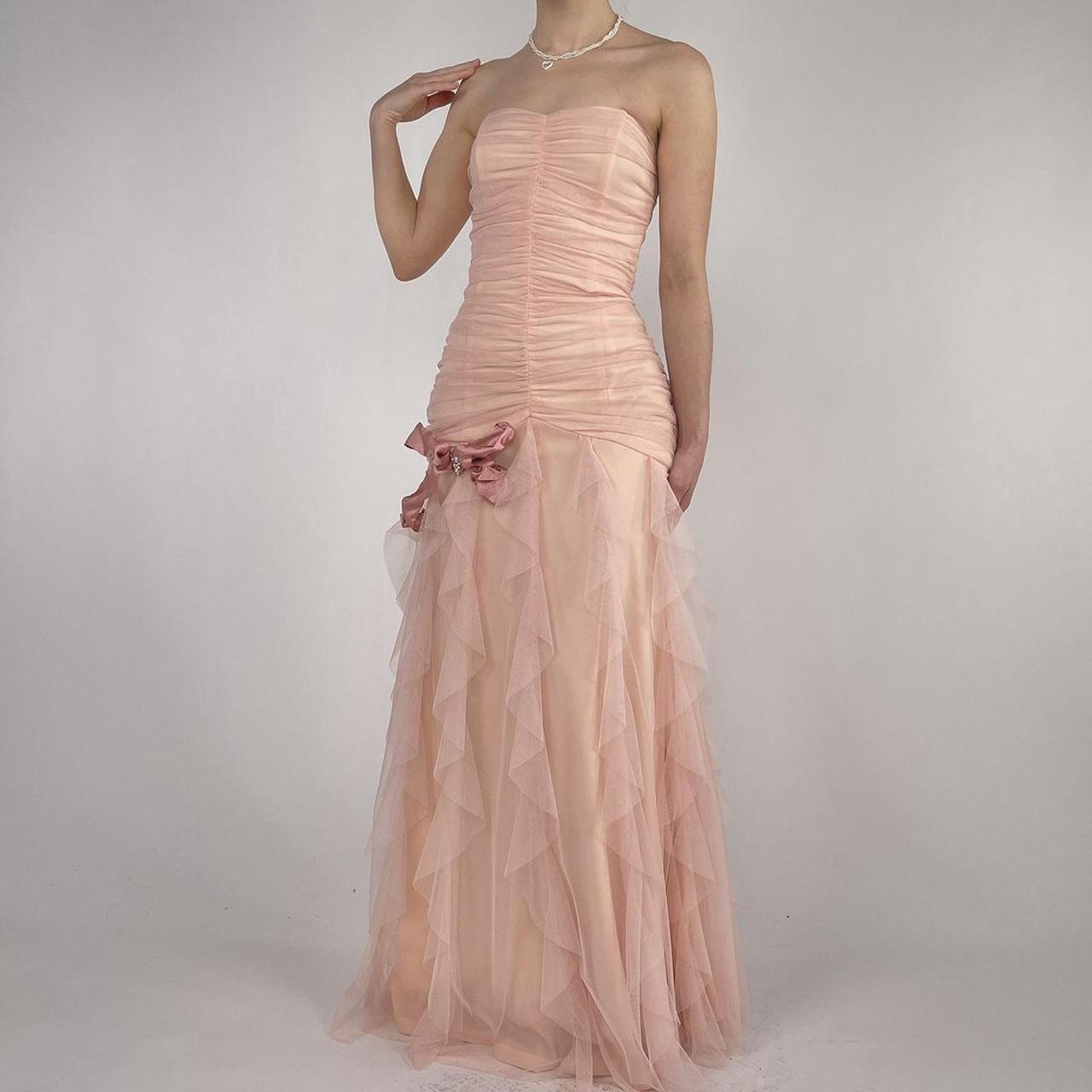 y2k prom dress pink bow ruffles y2k strapless corset... | Depop