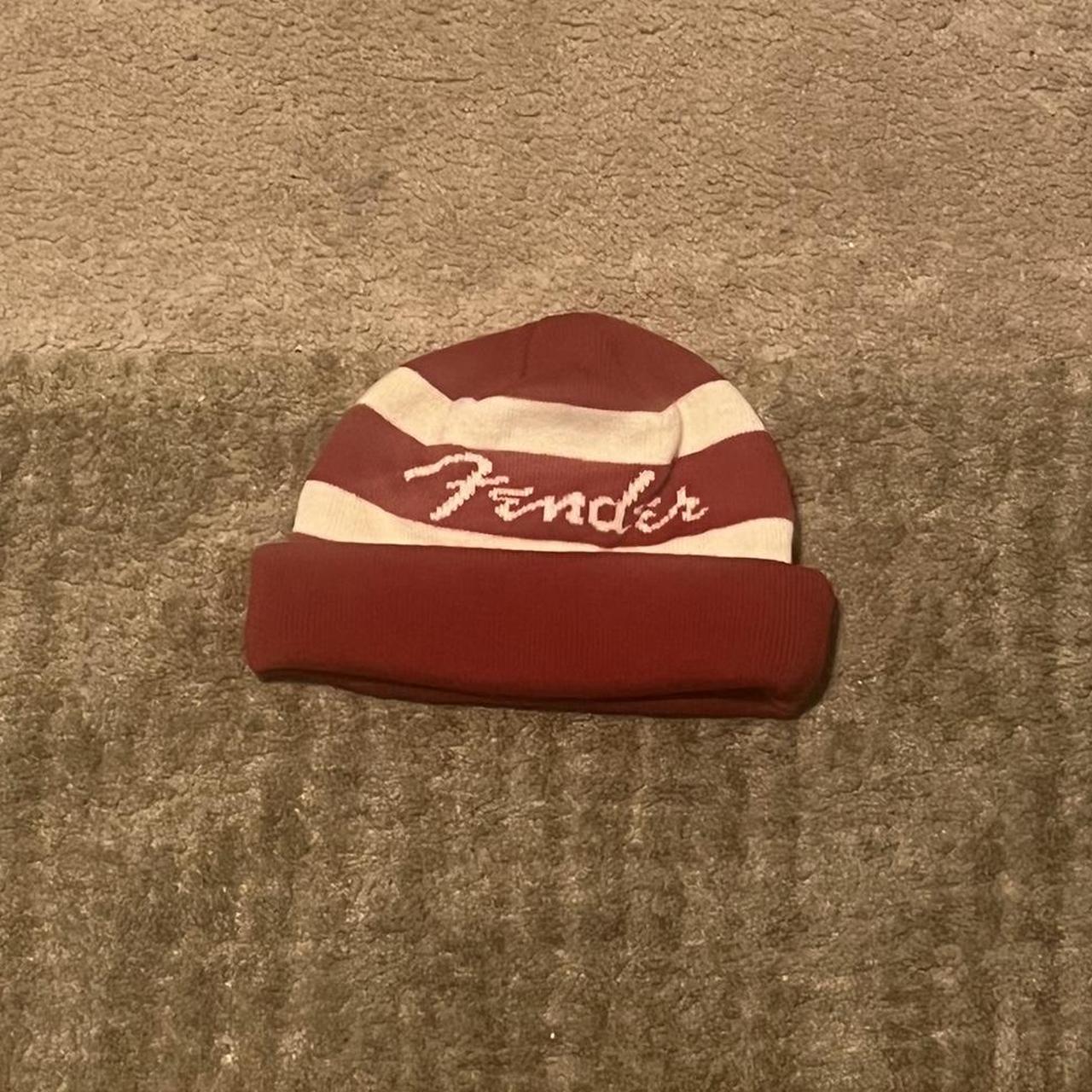 Red white striped fender x brixton collab beanie us... - Depop