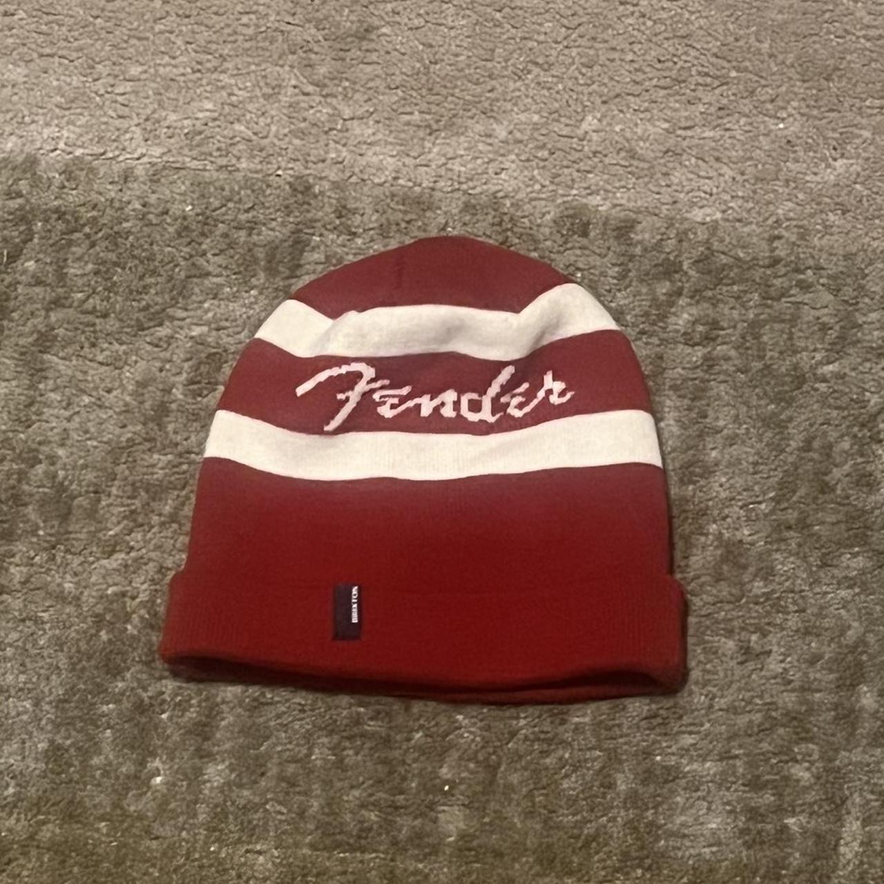 Red white striped fender x brixton collab beanie us... - Depop