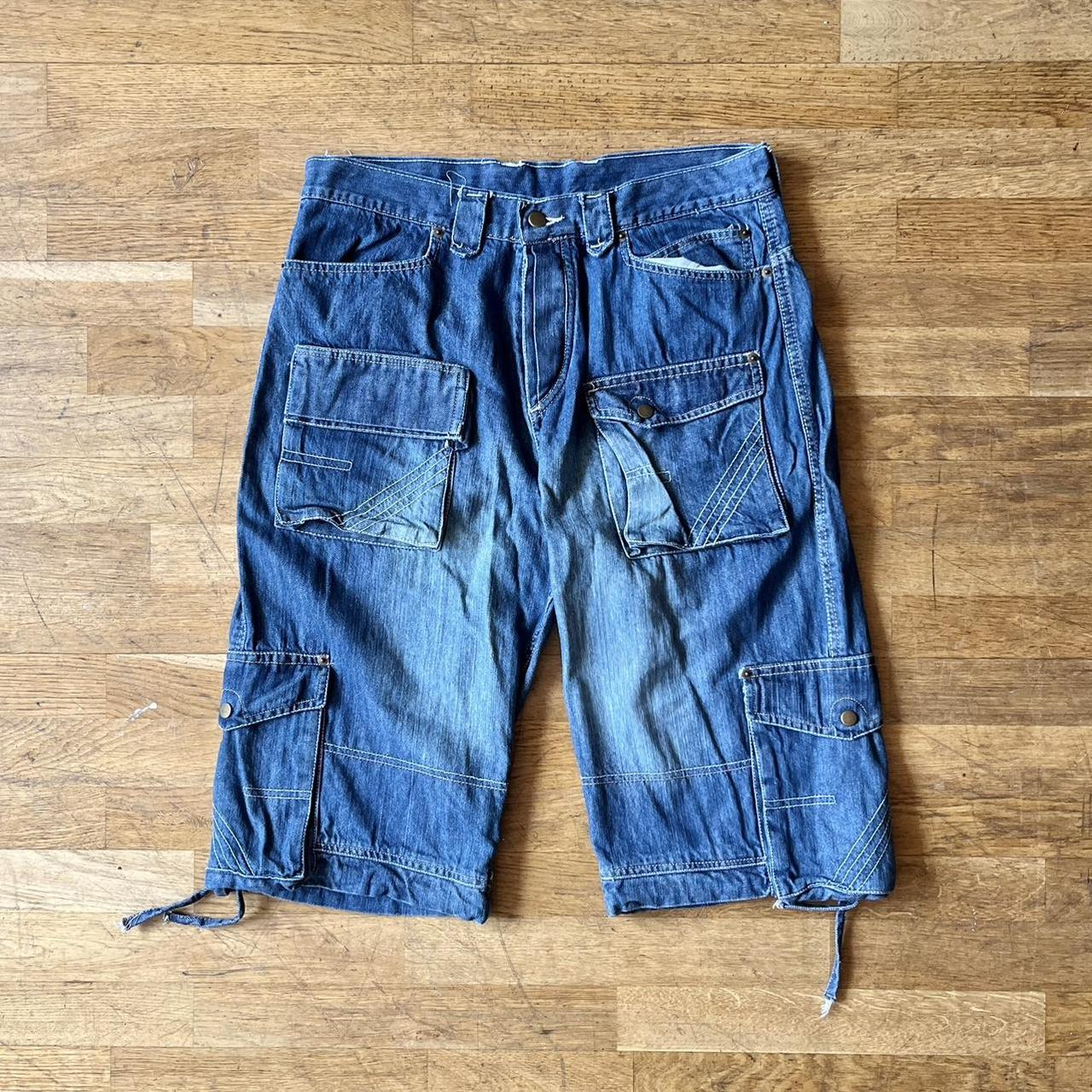 Vintage Dark wash Denim Jorts Multi-pocket Utility... - Depop