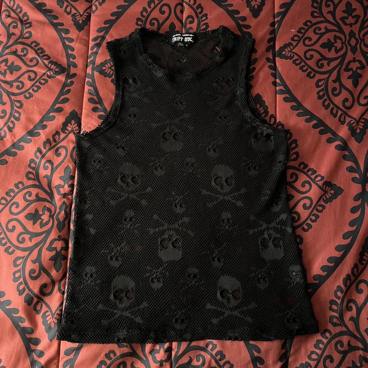 Black ‘Tripp NYC’ Skull Mesh Tank Top. Preloved,... - Depop
