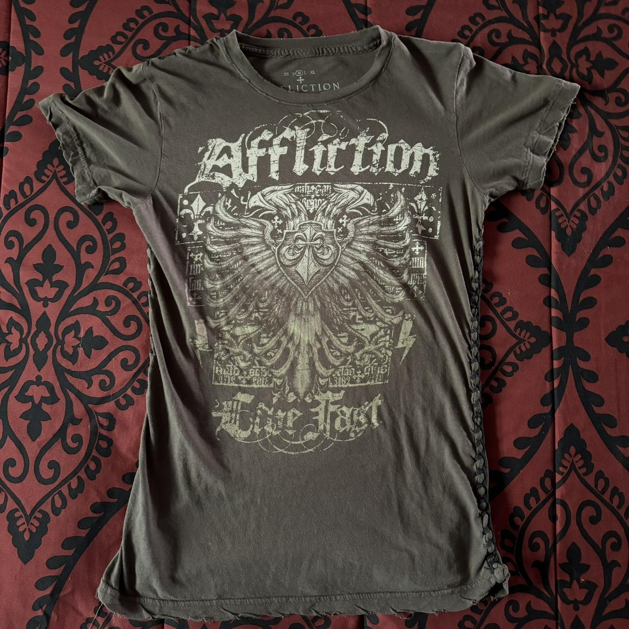 Brown ‘Affliction’ Skull Cross Graphic Shirt.... - Depop