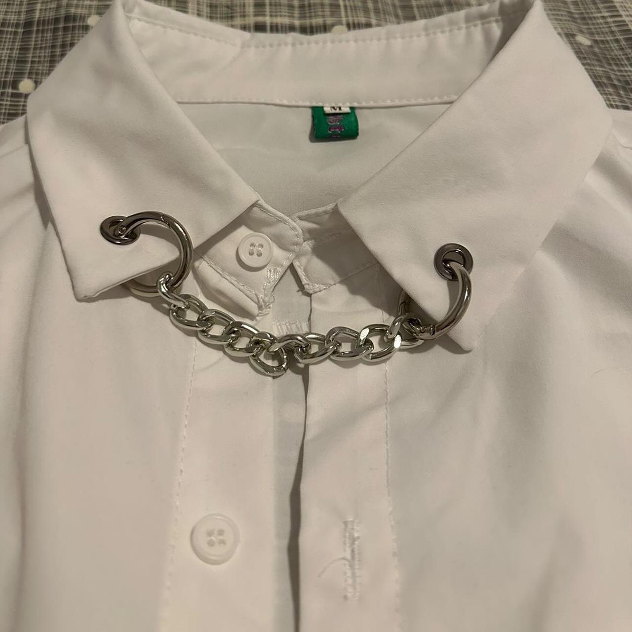 white unisex dress shirt with chain stylish white... - Depop