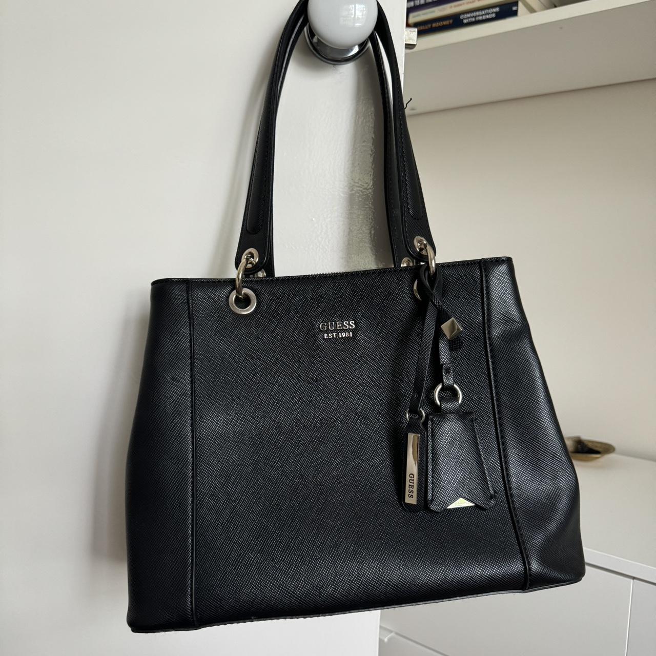 Guess black leather handbag with silver hardware -... - Depop