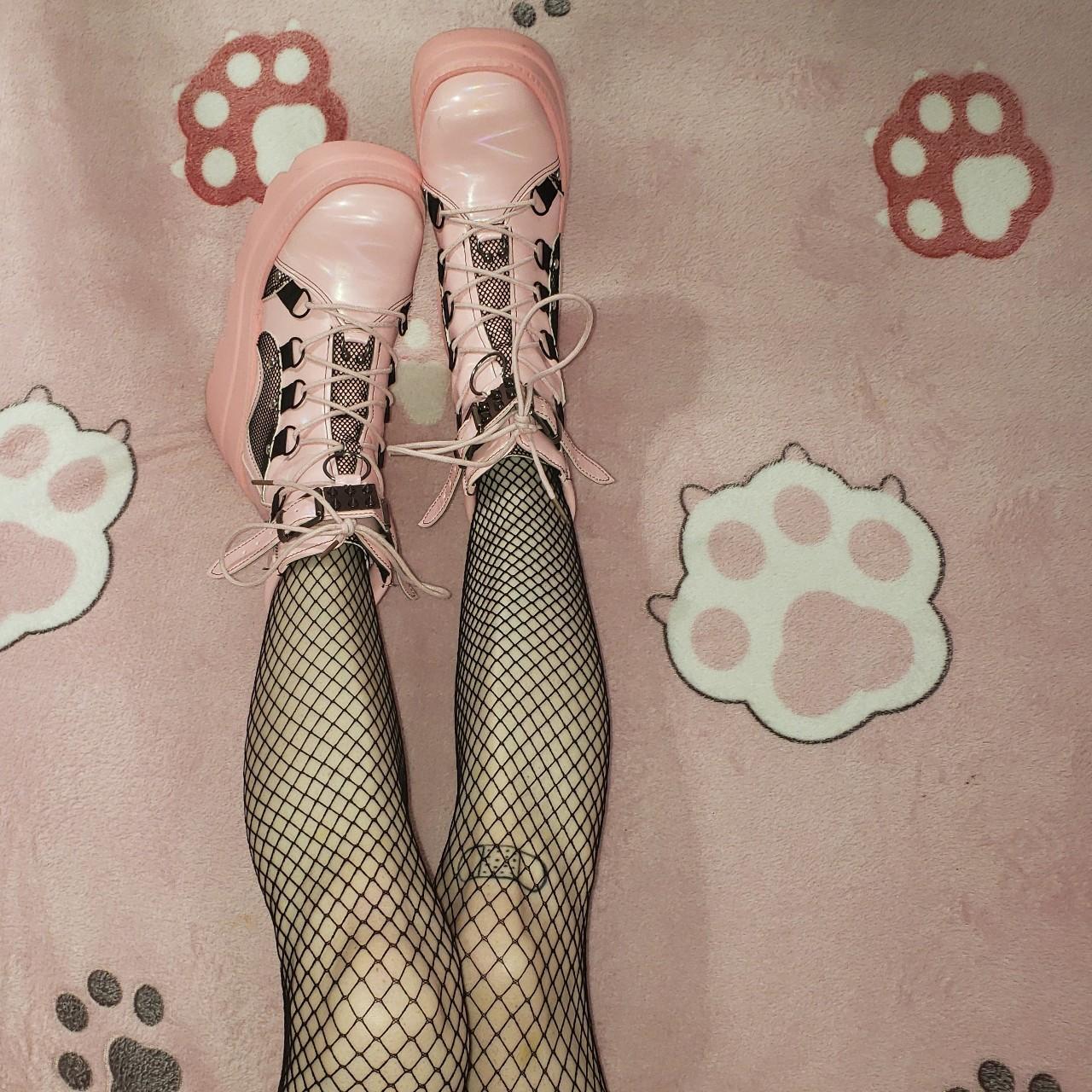 Pastel goth pink black fishnet boots size 6 dolls... - Depop