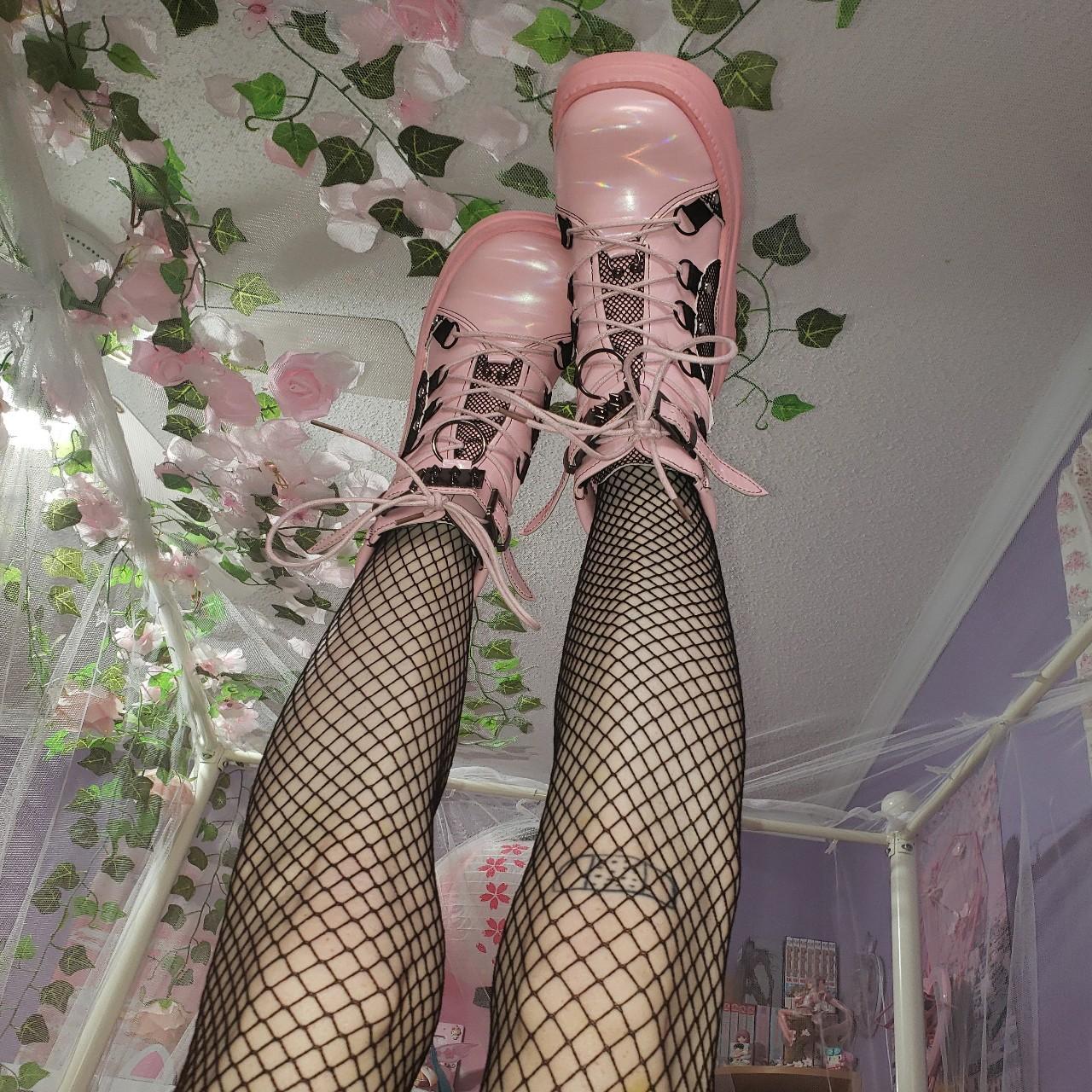 Pastel goth pink black fishnet boots size 6 dolls... - Depop