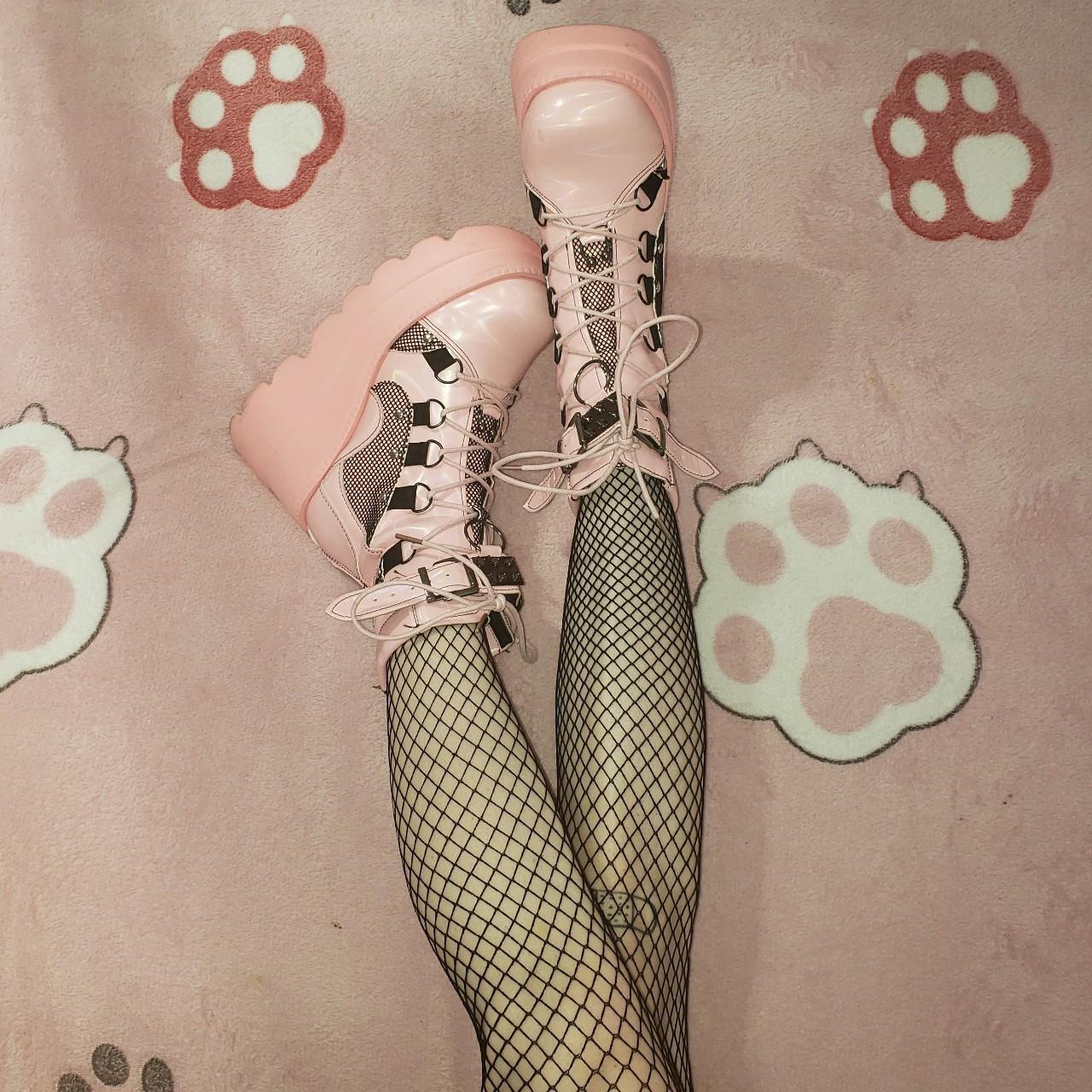 Pastel goth pink black fishnet boots size 6 dolls... - Depop
