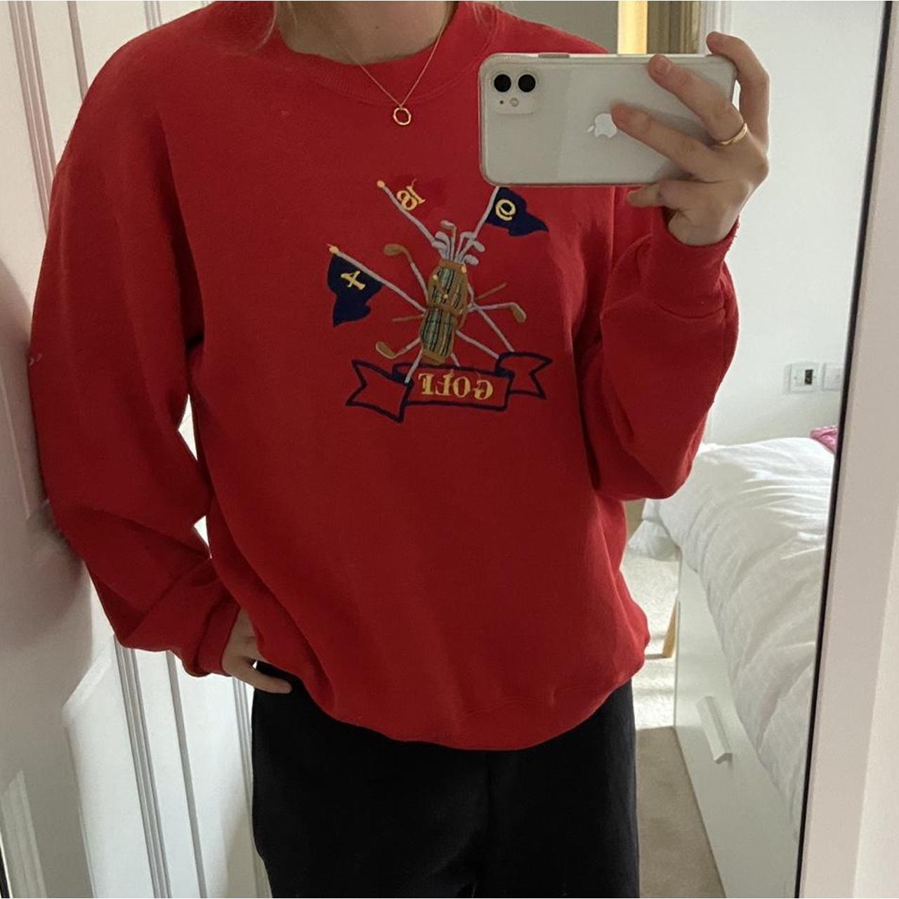 red embroidered crewneck jumper, label has been cut... - Depop