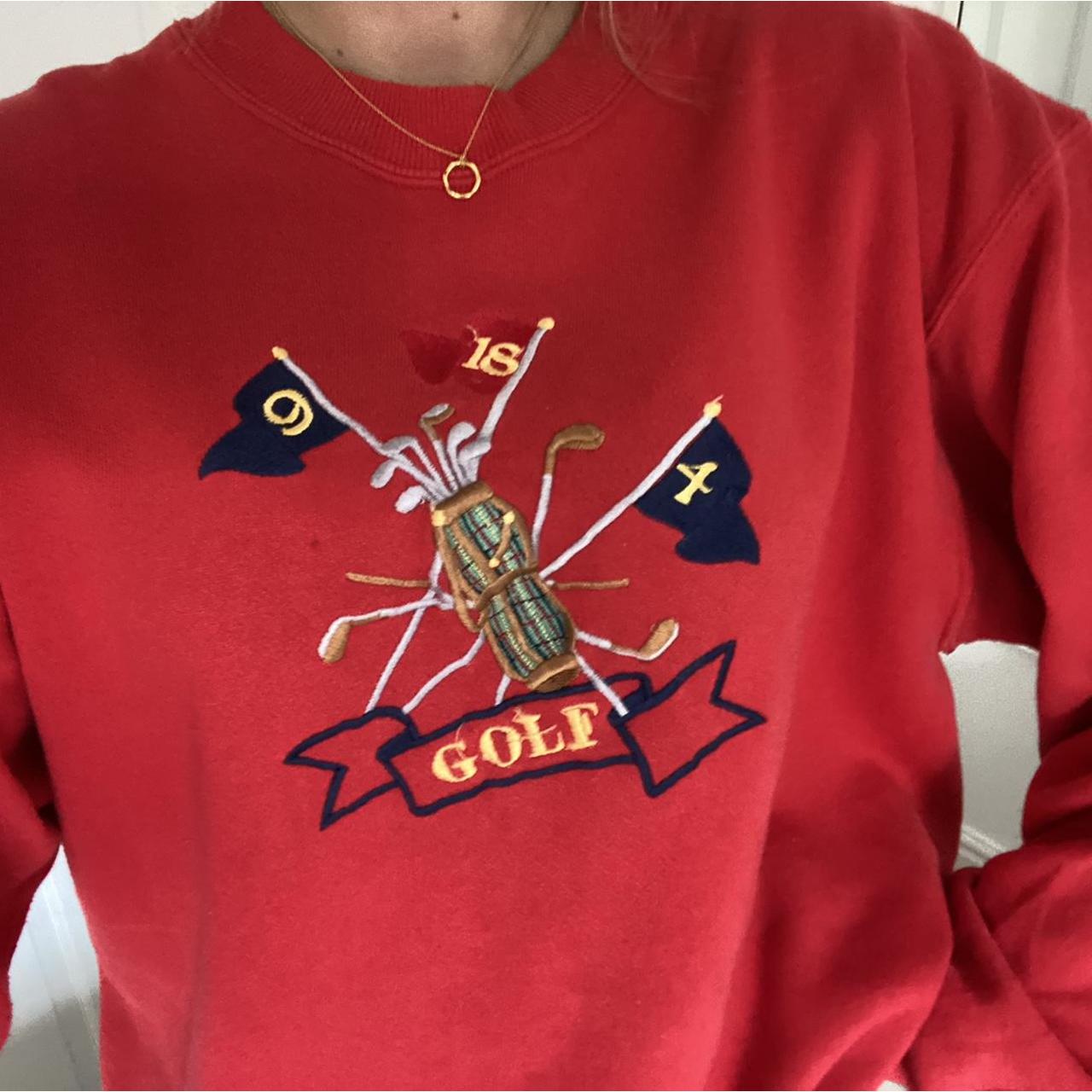 red embroidered crewneck jumper, label has been cut... - Depop