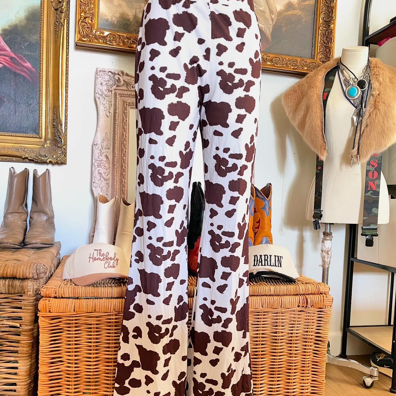 New SHEIN Brown Cow Print Bells Elastic Waist Medium... | Depop