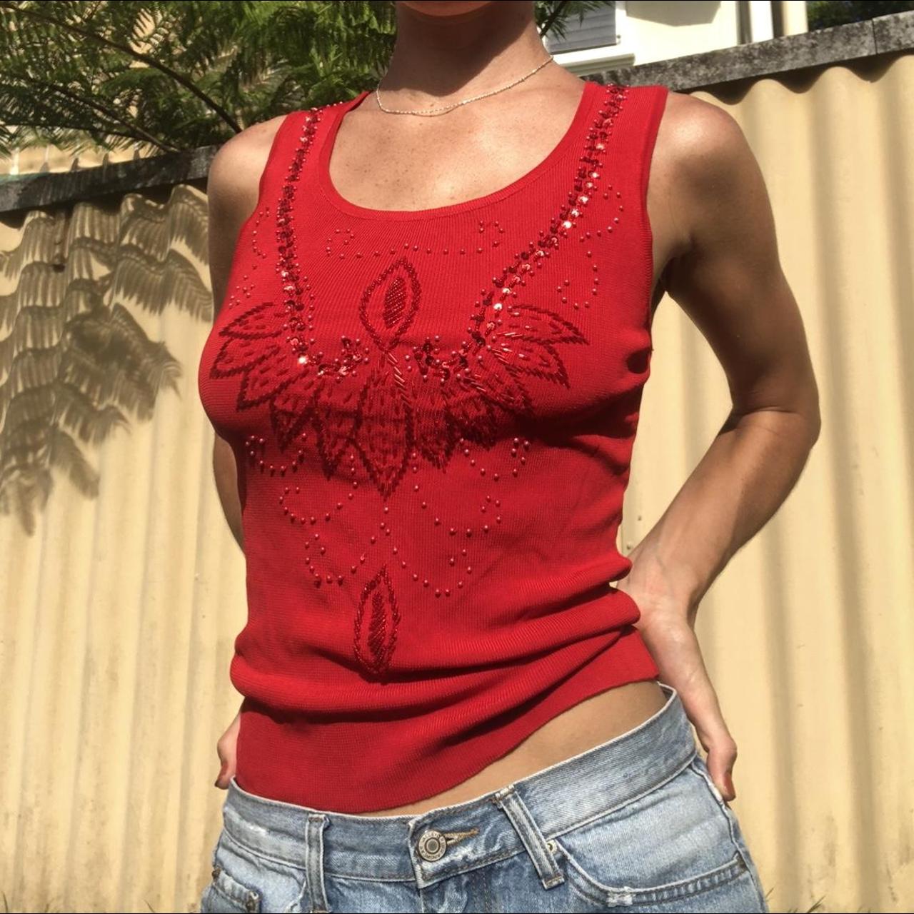 Gorgeous vintage red beaded top Super stretchy... - Depop