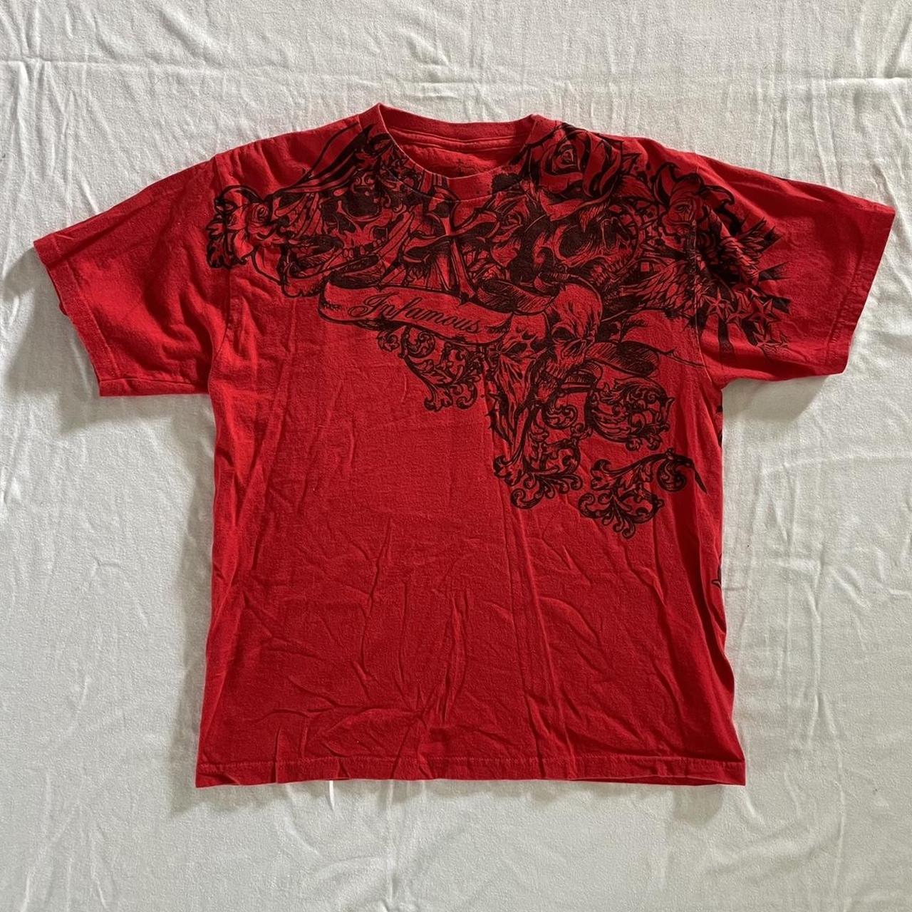 2000s y2k cyber infamous red graphic shirt says XL... - Depop