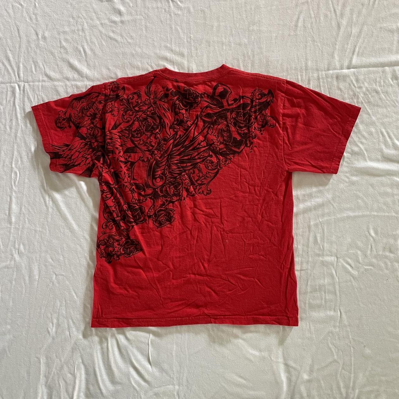 2000s y2k cyber infamous red graphic shirt says XL... - Depop