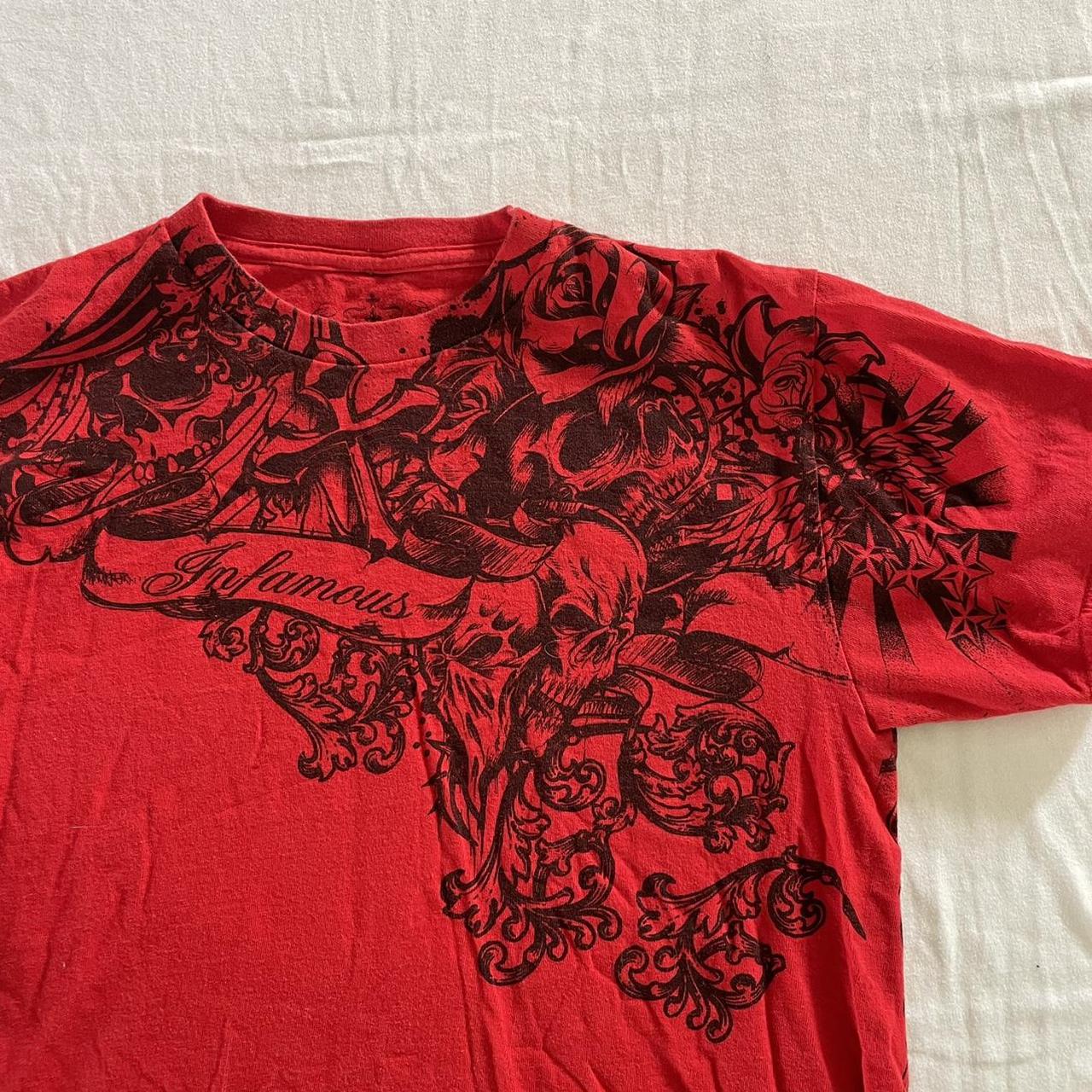 2000s y2k cyber infamous red graphic shirt says XL... - Depop