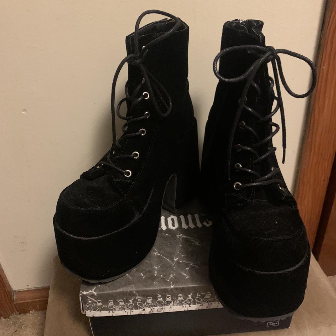 Demonia Camel 203 Chunky Black Velvet Platform Boots Depop