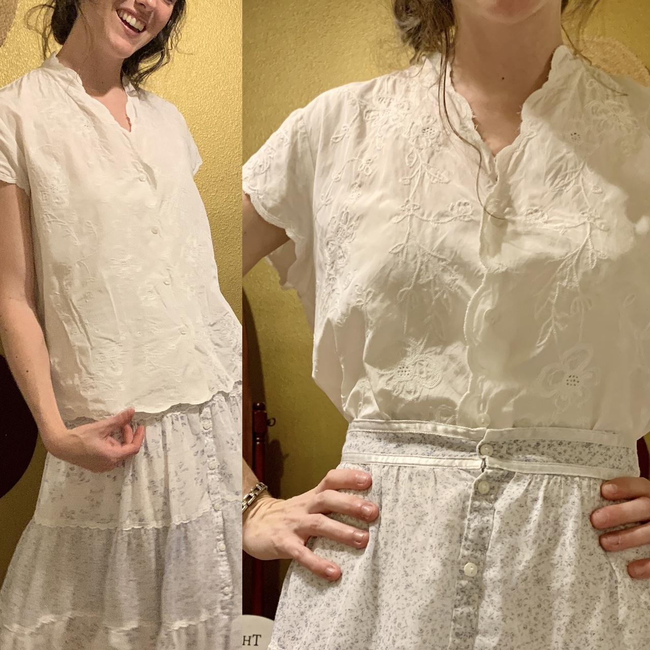 Vintage White embroidered Button down blouse by... - Depop