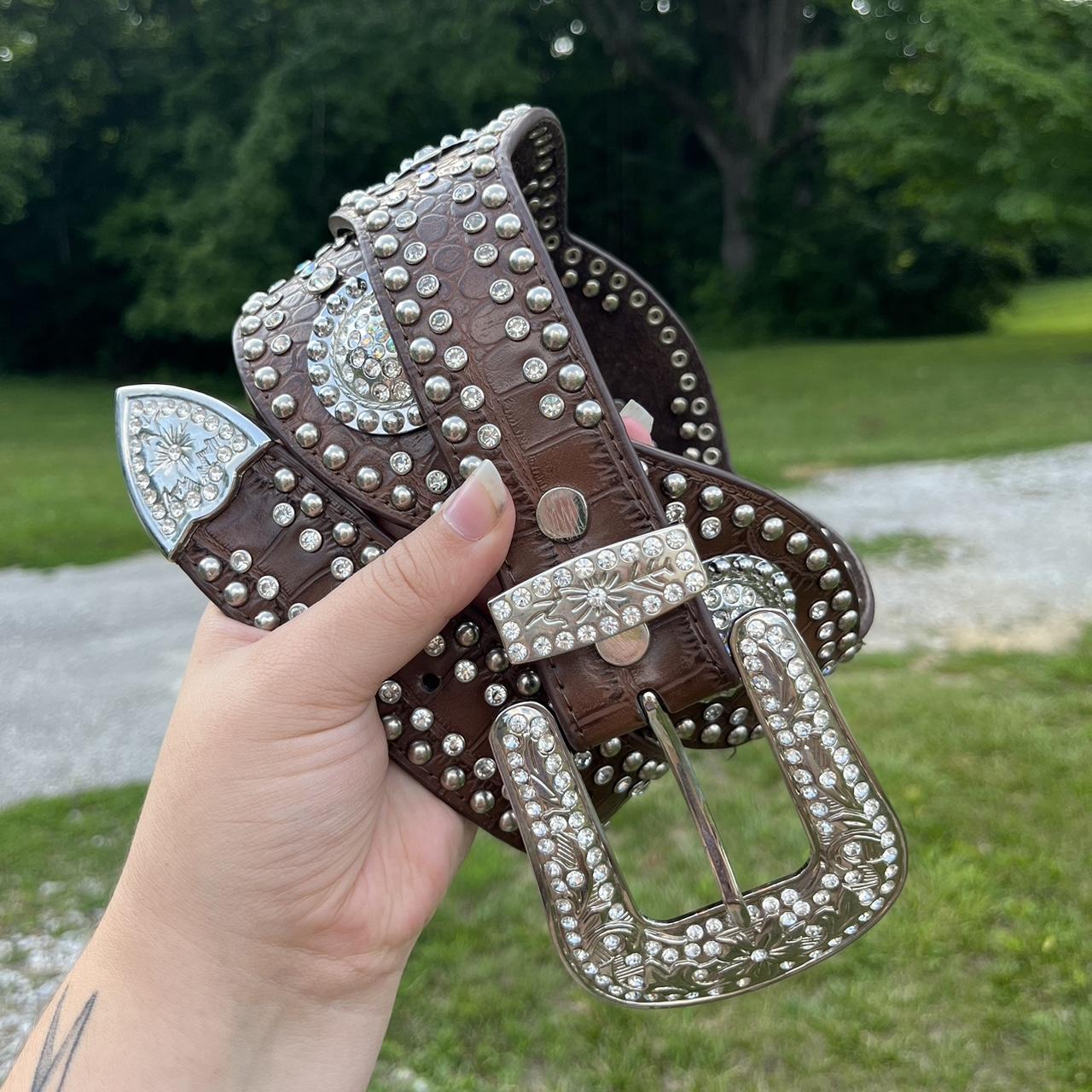 brown rhinestone studded y2k show belt size medium,... - Depop