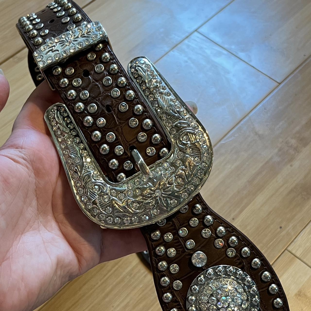 brown rhinestone studded y2k show belt size medium,... - Depop