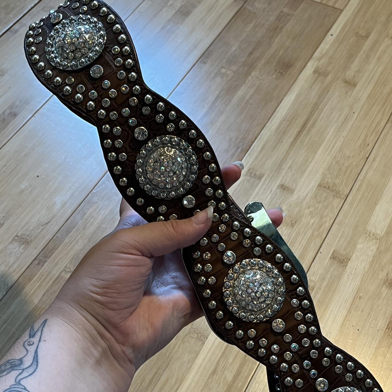 brown rhinestone studded y2k show belt size medium,... - Depop