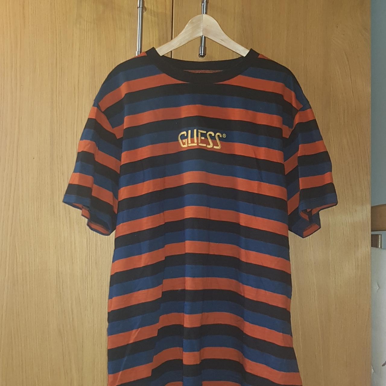 Guess striped tee size L Orange, blue and black - Depop