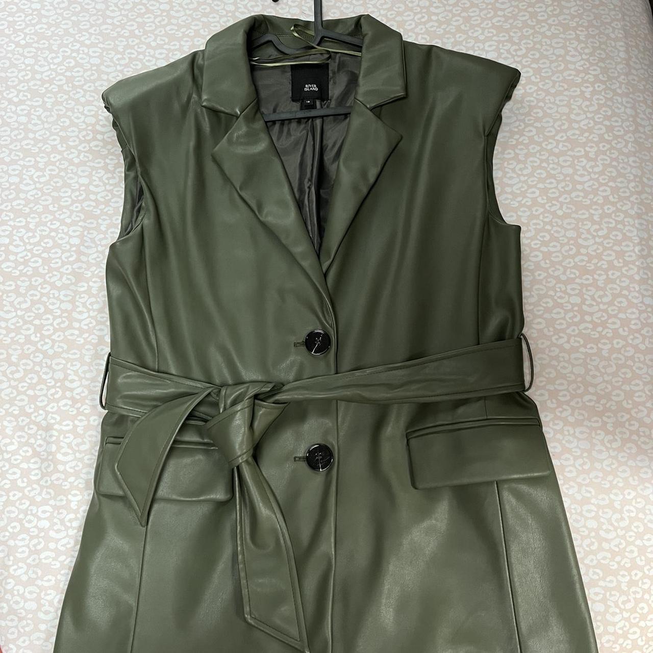 Olive green faux leather long waistcoat Padded... - Depop