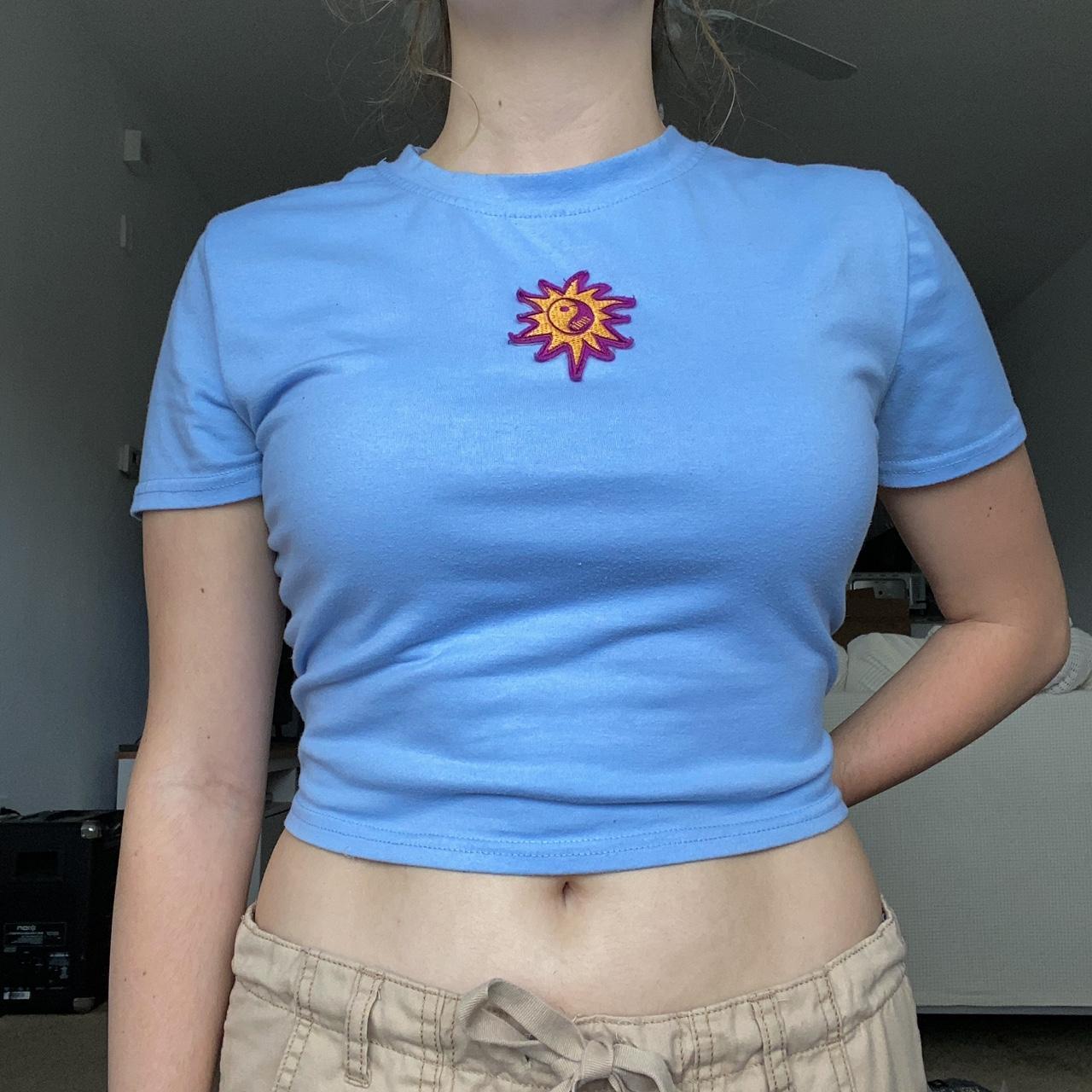 UNIF Women's Blue and Yellow Crop-top | Depop