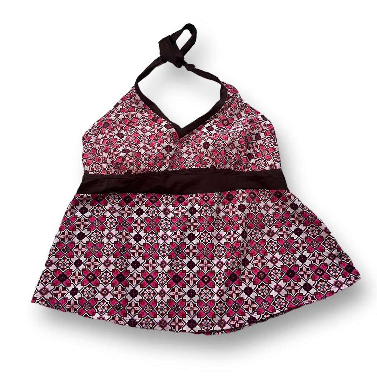 Y2k brown and pink floral swim halter top / tankini... - Depop