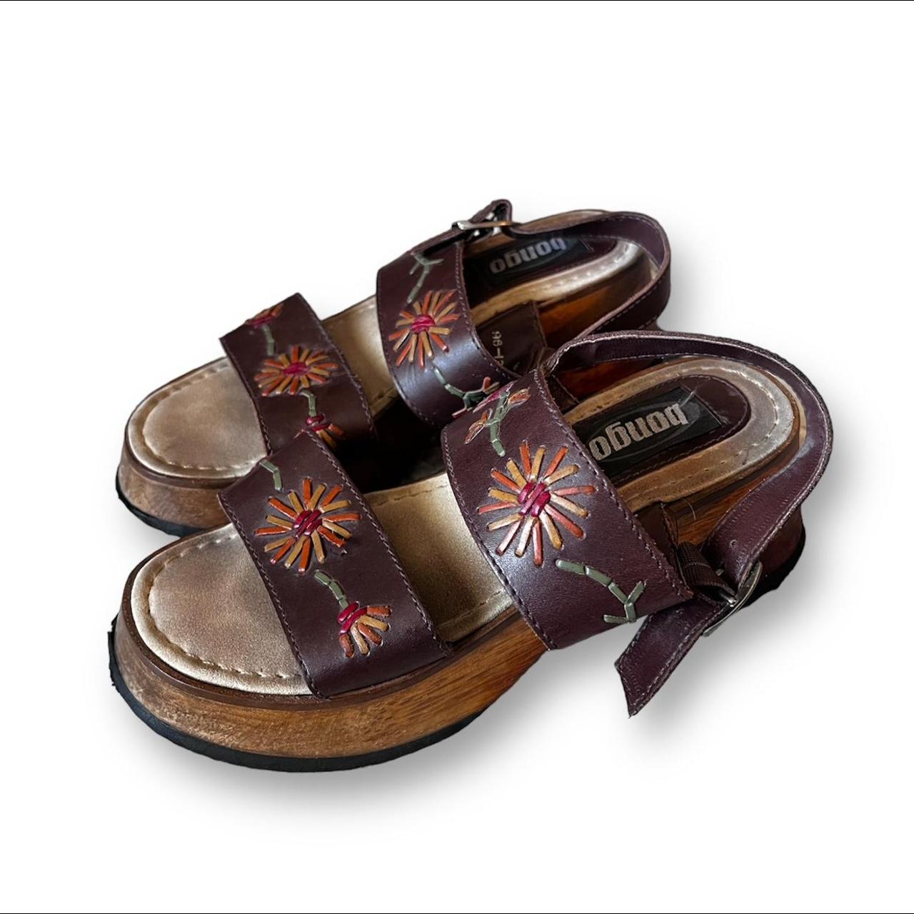 Vintage bongo platform wooden sandals with floral... - Depop