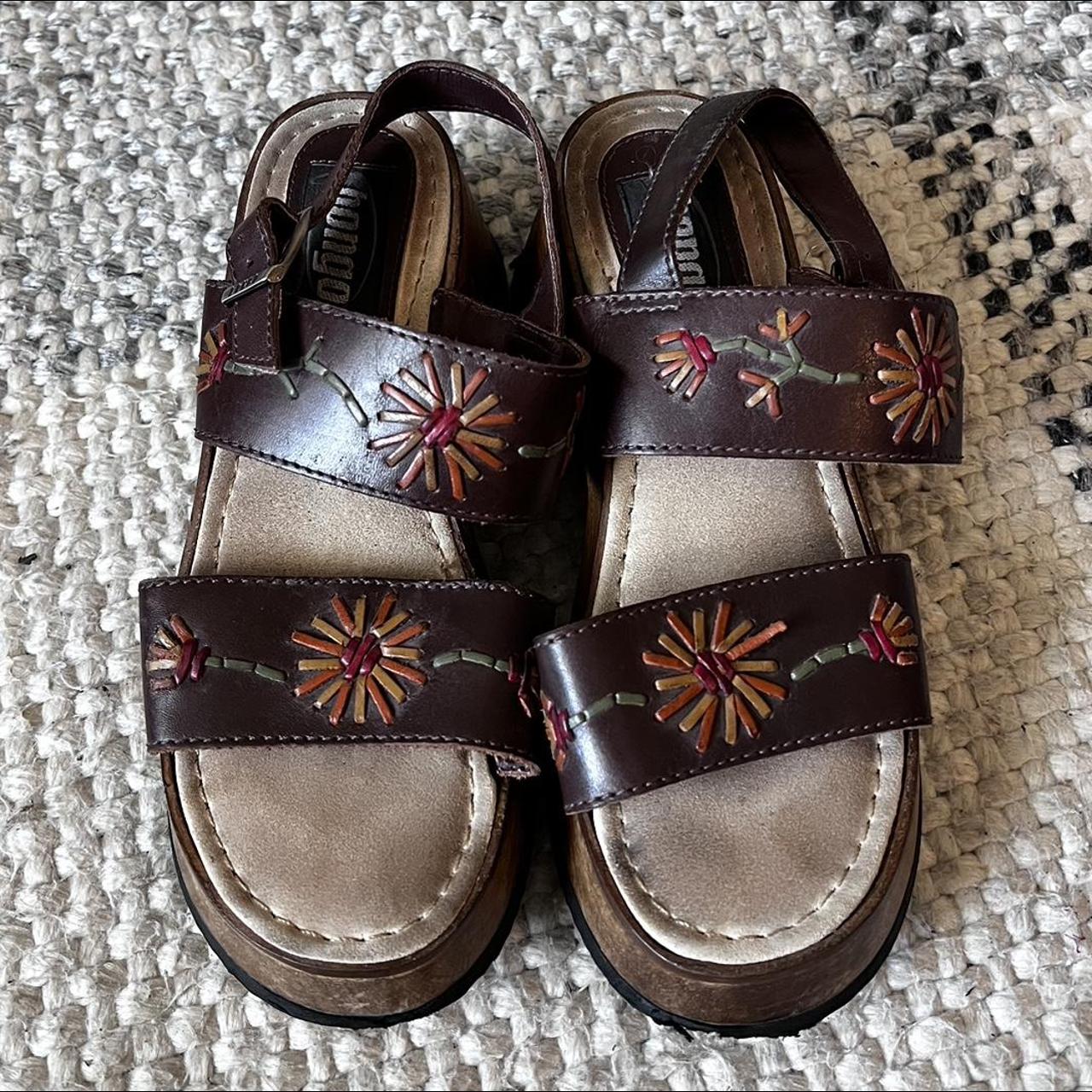 Vintage bongo platform wooden sandals with floral... - Depop