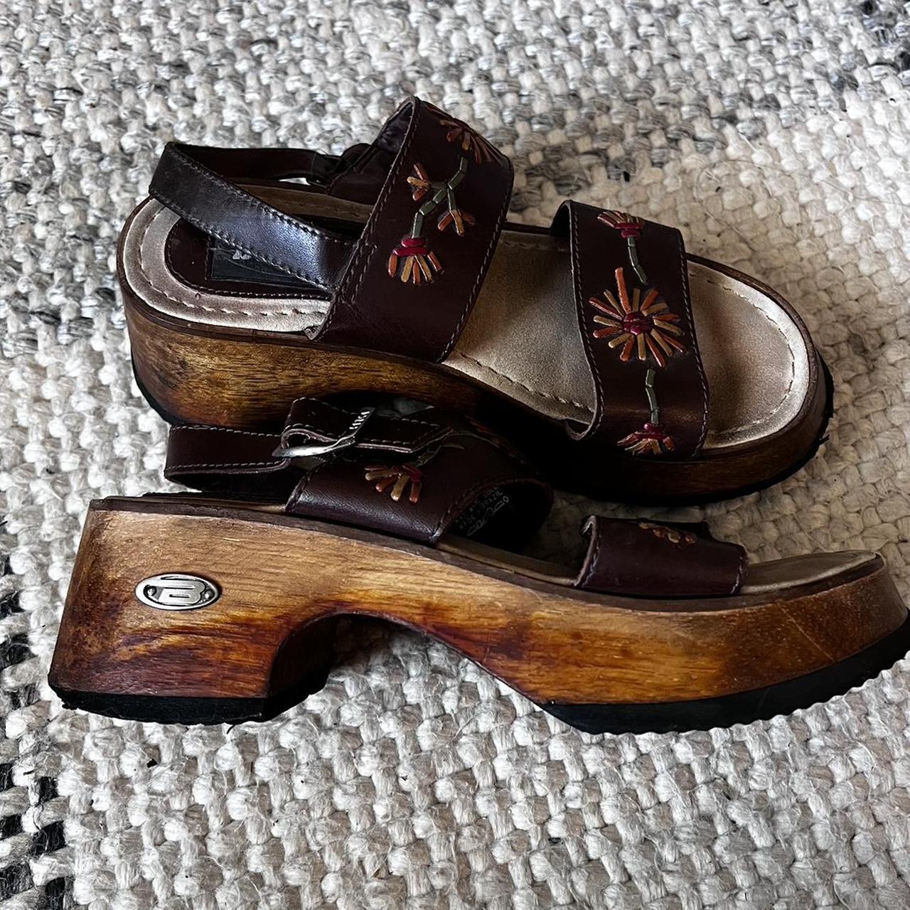 Vintage bongo platform wooden sandals with floral... - Depop
