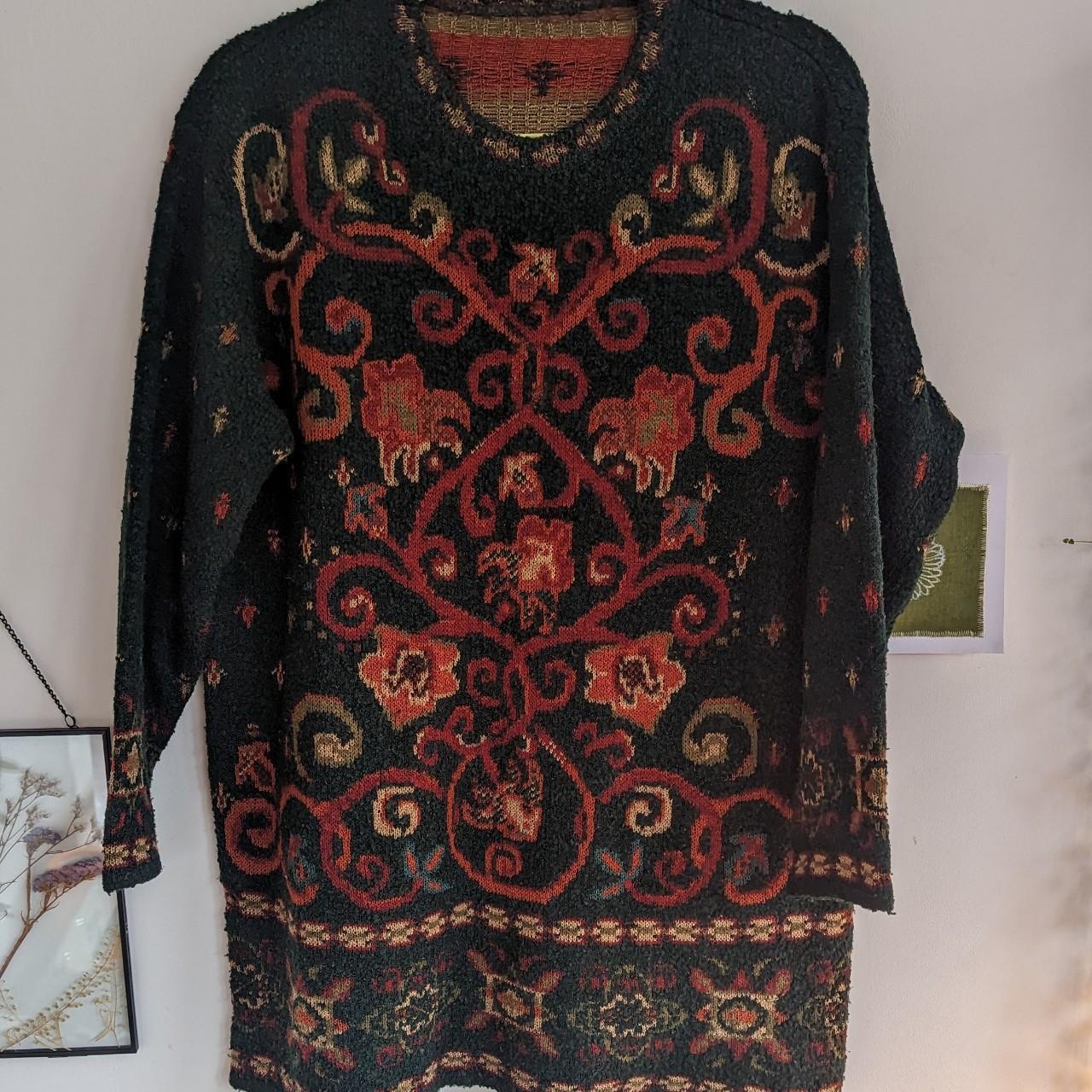 Stunning dark green Indian pattern long knitted... - Depop