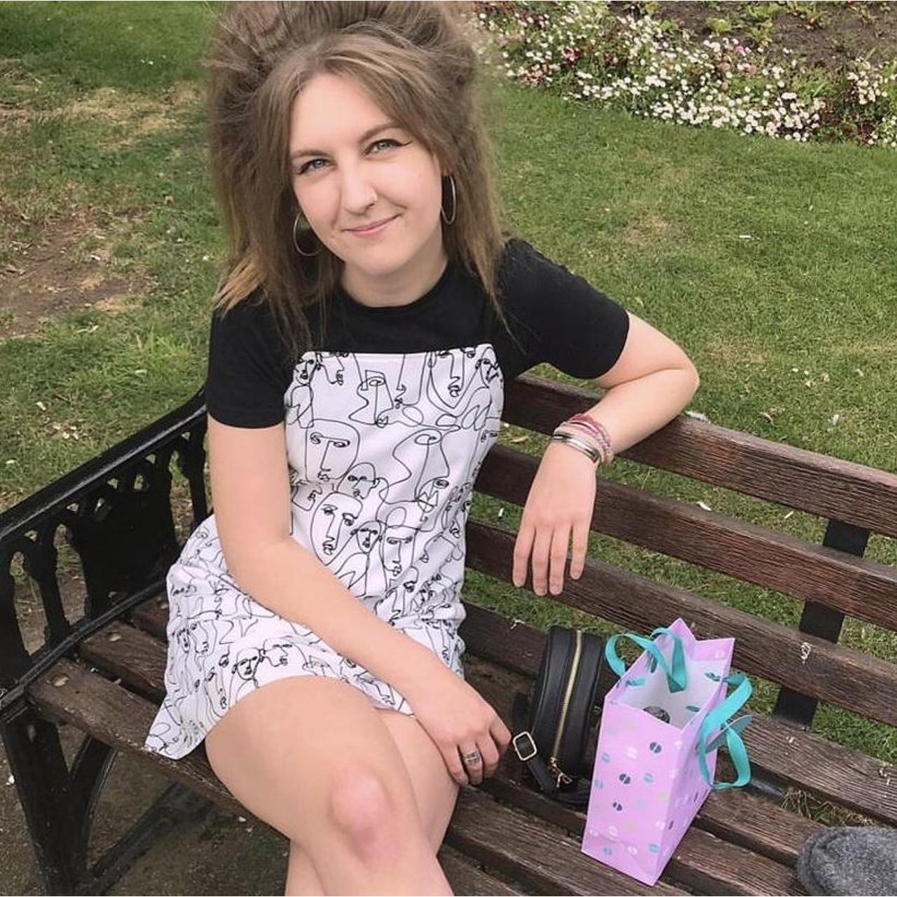 Abstract line face print white mini dress. Satin... - Depop